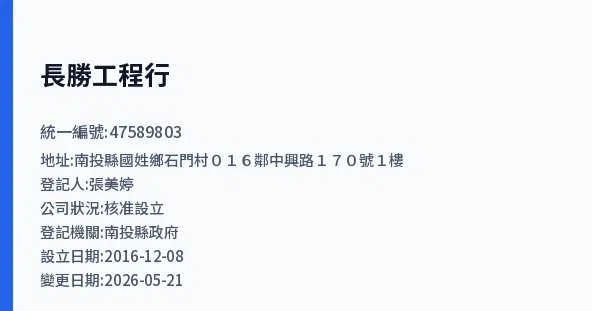 長勝工程行的照片-統編 47589803(南投縣) 公司登記資料與營業項目詳細圖表