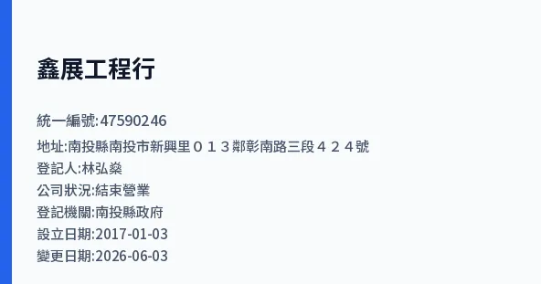 鑫展工程行的照片-統編 47590246(南投縣) 公司登記資料與營業項目詳細圖表