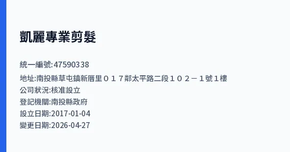 凱麗專業剪髮的照片-統編 47590338(南投縣) 公司登記資料與營業項目詳細圖表