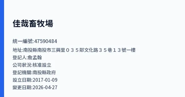 佳哉畜牧場的照片-統編 47590484(南投縣) 公司登記資料與營業項目詳細圖表