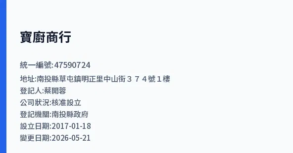 寶廚商行的照片-統編 47590724(南投縣) 公司登記資料與營業項目詳細圖表