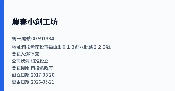 農春小創工坊的照片-統編 47591934(南投縣) 公司登記資料與營業項目詳細圖表