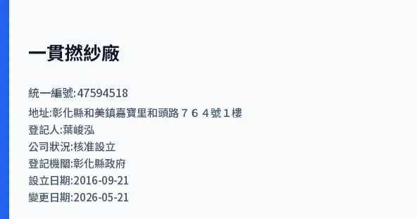 一貫撚紗廠的照片-統編 47594518(彰化縣) 公司登記資料與營業項目詳細圖表