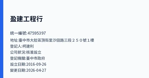 盈建工程行的照片-統編 47595397(臺中市) 公司登記資料與營業項目詳細圖表