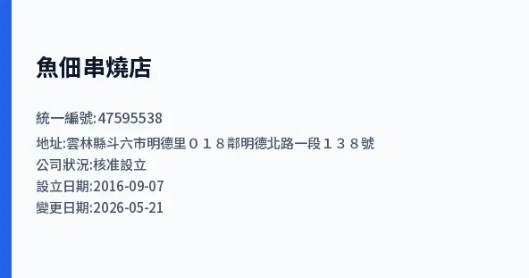 魚佃串燒店的照片-統編 47595538(雲林縣) 公司登記資料與營業項目詳細圖表