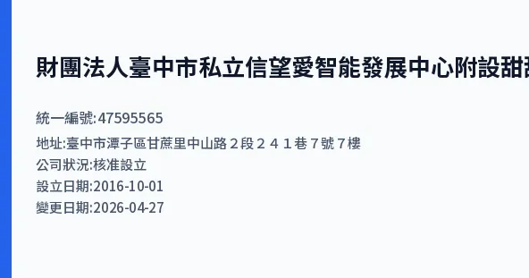 財團法人臺中市私立信望愛智能發展中心附設甜甜屋的照片-統編 47595565(臺中市) 公司登記資料與營業項目詳細圖表