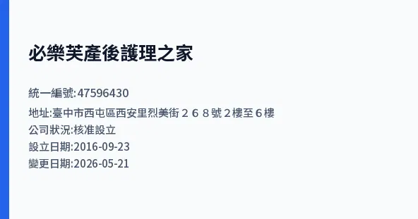 必樂芙產後護理之家的照片-統編 47596430(臺中市) 公司登記資料與營業項目詳細圖表