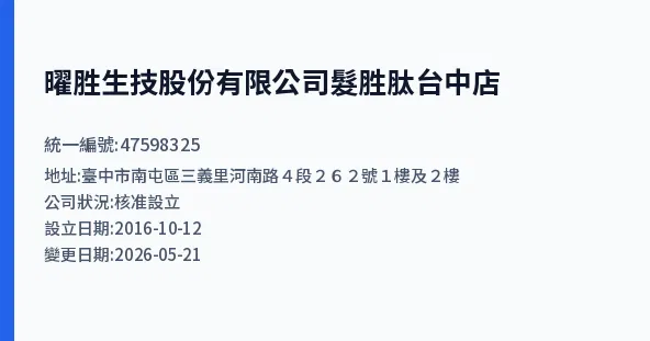 曜胜生技股份有限公司髮胜肽台中店的照片-統編 47598325(臺中市) 公司登記資料與營業項目詳細圖表