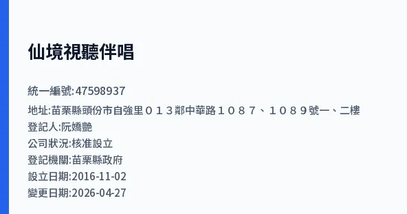 仙境視聽伴唱的照片-統編 47598937(苗栗縣) 公司登記資料與營業項目詳細圖表