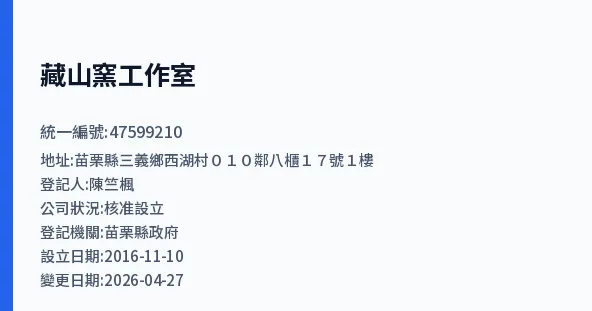 藏山窯工作室的照片-統編 47599210(苗栗縣) 公司登記資料與營業項目詳細圖表