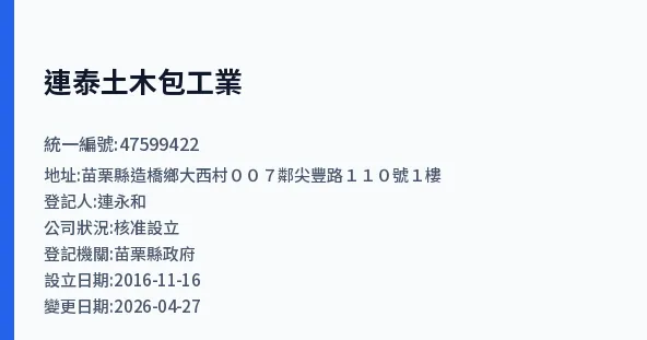 連泰土木包工業的照片-統編 47599422(苗栗縣) 公司登記資料與營業項目詳細圖表
