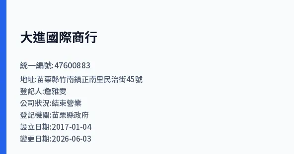 大進國際商行的照片-統編 47600883(苗栗縣) 公司登記資料與營業項目詳細圖表