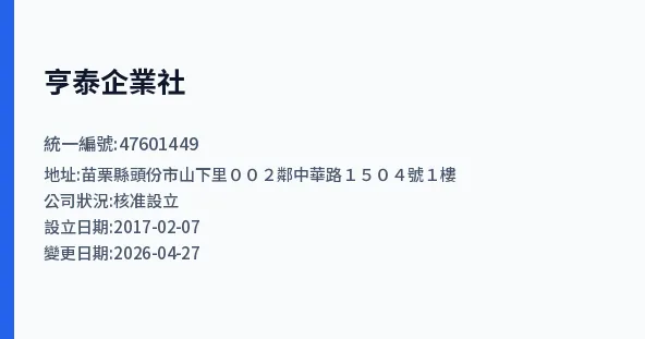 亨泰企業社的照片-統編 47601449(苗栗縣) 公司登記資料與營業項目詳細圖表