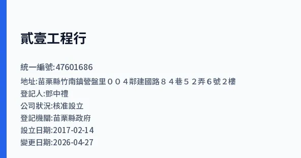 貳壹工程行的照片-統編 47601686(苗栗縣) 公司登記資料與營業項目詳細圖表