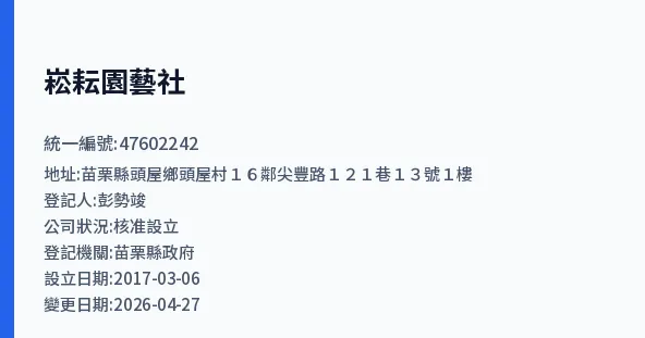 崧耘園藝社的照片-統編 47602242(苗栗縣) 公司登記資料與營業項目詳細圖表