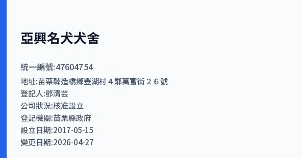 亞興名犬犬舍的照片-統編 47604754(苗栗縣) 公司登記資料與營業項目詳細圖表