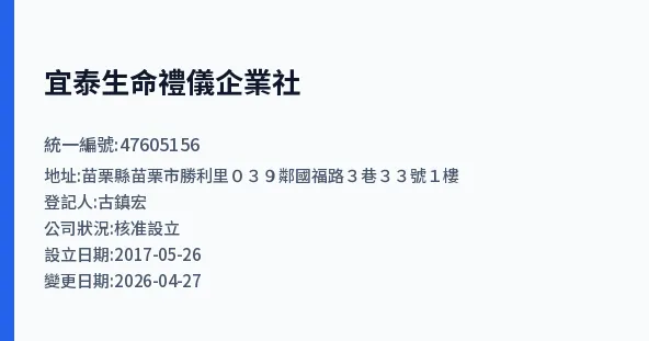 宜泰生命禮儀企業社的照片-統編 47605156(苗栗縣) 公司登記資料與營業項目詳細圖表