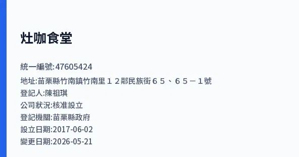 灶咖食堂的照片-統編 47605424(苗栗縣) 公司登記資料與營業項目詳細圖表