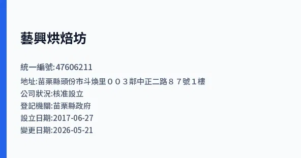藝興烘焙坊的照片-統編 47606211(苗栗縣) 公司登記資料與營業項目詳細圖表
