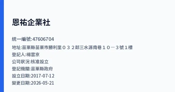 恩祐企業社的照片-統編 47606704(苗栗縣) 公司登記資料與營業項目詳細圖表