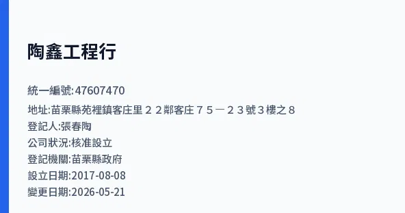 陶鑫工程行的照片-統編 47607470(苗栗縣) 公司登記資料與營業項目詳細圖表