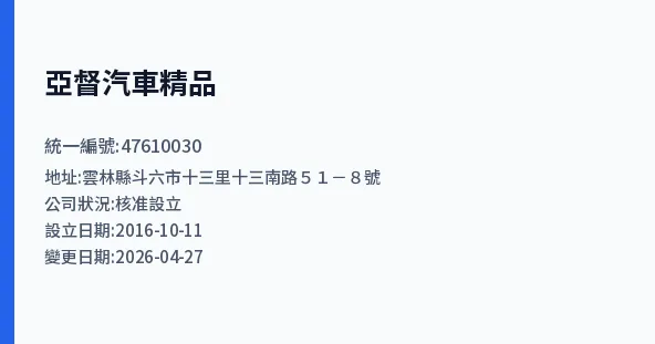 亞督汽車精品的照片-統編 47610030(雲林縣) 公司登記資料與營業項目詳細圖表