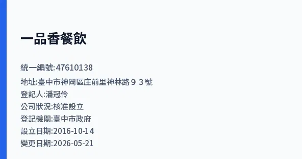 一品香餐飲的照片-統編 47610138(臺中市) 公司登記資料與營業項目詳細圖表
