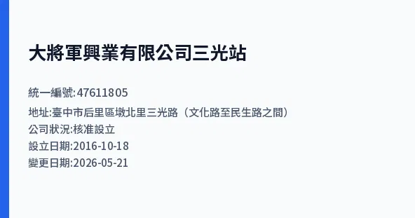 大將軍興業有限公司三光站的照片-統編 47611805(臺中市) 公司登記資料與營業項目詳細圖表