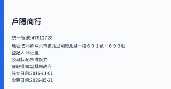 戶隱商行的照片-統編 47612728(雲林縣) 公司登記資料與營業項目詳細圖表