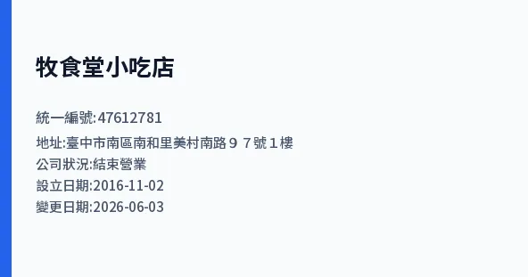 牧食堂小吃店的照片-統編 47612781(臺中市) 公司登記資料與營業項目詳細圖表
