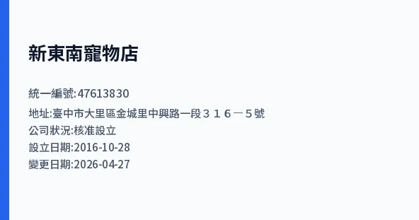 新東南寵物店的照片-統編 47613830(臺中市) 公司登記資料與營業項目詳細圖表