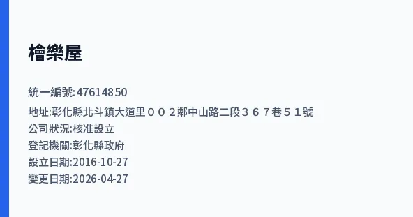 檜樂屋的照片-統編 47614850(彰化縣) 公司登記資料與營業項目詳細圖表