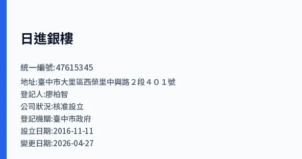 日進銀樓的照片-統編 47615345(臺中市) 公司登記資料與營業項目詳細圖表