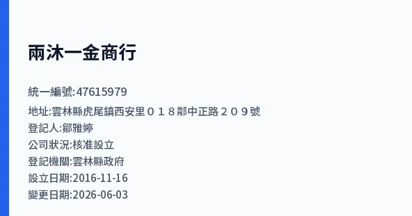 兩沐一金商行的照片-統編 47615979(雲林縣) 公司登記資料與營業項目詳細圖表