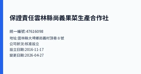 保證責任雲林縣尚義果菜生產合作社的照片-統編 47616098(雲林縣) 公司登記資料與營業項目詳細圖表