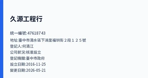 久源工程行的照片-統編 47618743(臺中市) 公司登記資料與營業項目詳細圖表
