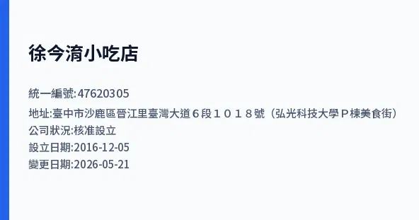 徐今淯小吃店的照片-統編 47620305(臺中市) 公司登記資料與營業項目詳細圖表