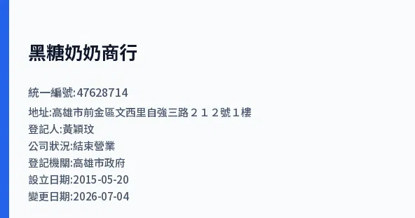 黑糖奶奶商行的照片-統編 47628714(高雄市) 公司登記資料與營業項目詳細圖表