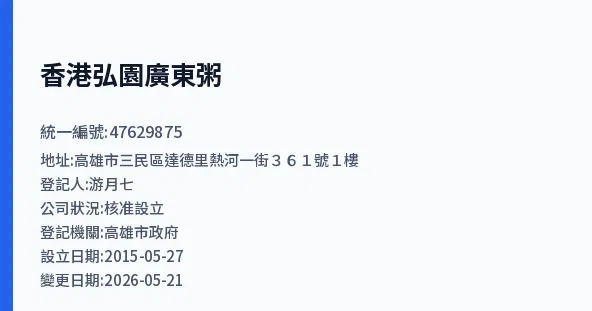 香港弘園廣東粥的照片-統編 47629875(高雄市) 公司登記資料與營業項目詳細圖表