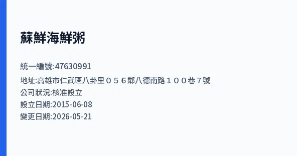 蘇鮮海鮮粥的照片-統編 47630991(高雄市) 公司登記資料與營業項目詳細圖表