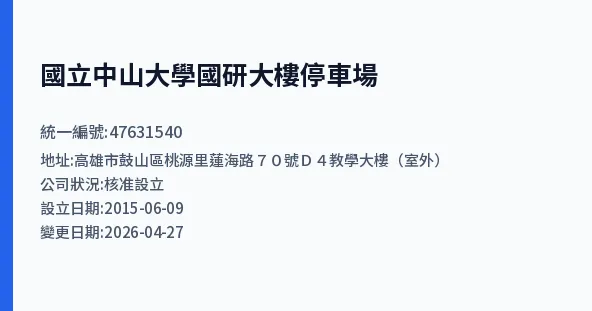 國立中山大學國研大樓停車場的照片-統編 47631540(高雄市) 公司登記資料與營業項目詳細圖表