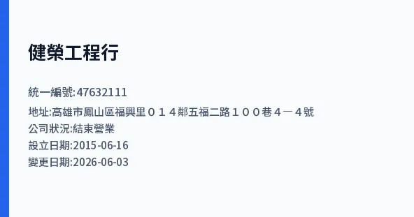健榮工程行的照片-統編 47632111(高雄市) 公司登記資料與營業項目詳細圖表