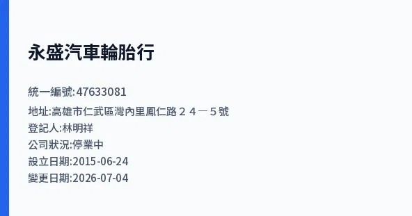 永盛汽車輪胎行的照片-統編 47633081(高雄市) 公司登記資料與營業項目詳細圖表