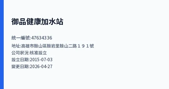 御品健康加水站的照片-統編 47634336(高雄市) 公司登記資料與營業項目詳細圖表