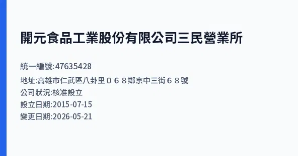 開元食品工業股份有限公司三民營業所的照片-統編 47635428(高雄市) 公司登記資料與營業項目詳細圖表
