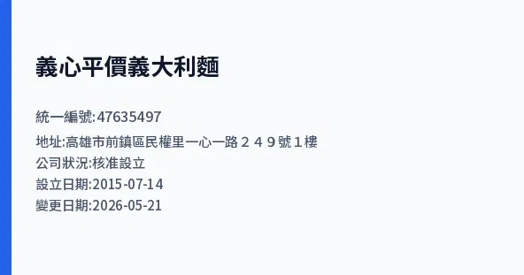 義心平價義大利麵的照片-統編 47635497(高雄市) 公司登記資料與營業項目詳細圖表
