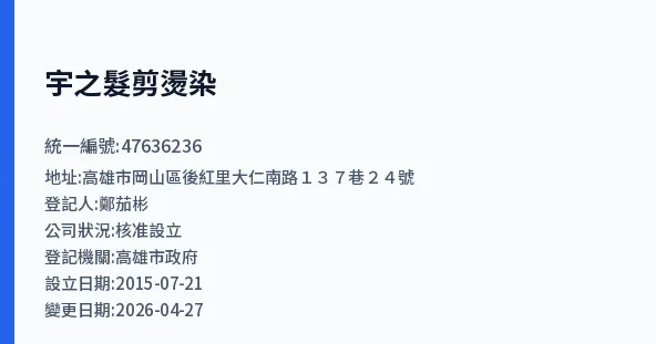 宇之髮剪燙染的照片-統編 47636236(高雄市) 公司登記資料與營業項目詳細圖表