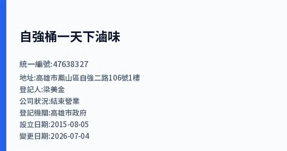 自強桶一天下滷味的照片-統編 47638327(高雄市) 公司登記資料與營業項目詳細圖表