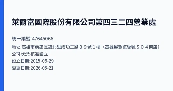 萊爾富國際股份有限公司第四三二四營業處的照片-統編 47645066(高雄市) 公司登記資料與營業項目詳細圖表