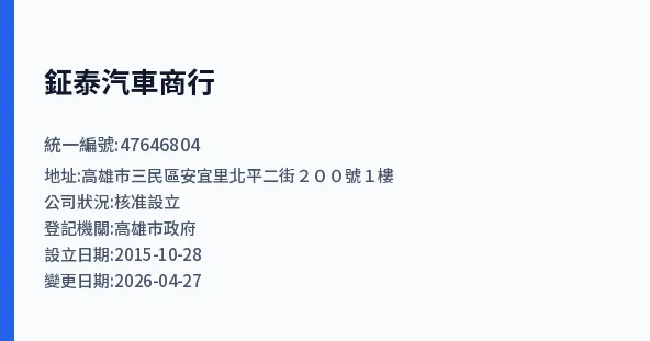 鉦泰汽車商行的照片-統編 47646804(高雄市) 公司登記資料與營業項目詳細圖表